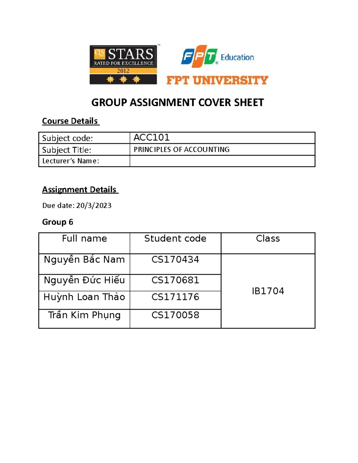 ACC101 Group 6 - oki - GROUP ASSIGNMENT COVER SHEET Course Details ...