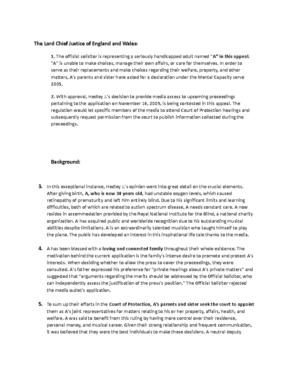 Case Note A v Independent - The Lord Chief Jus琀椀ce of England and Wales ...