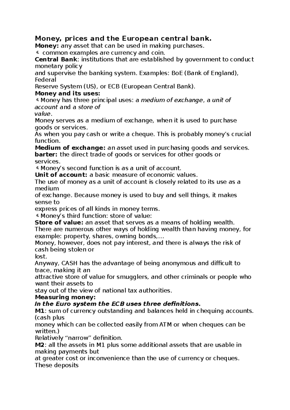 Money - Lecture notes First semester - Money, prices and the European ...
