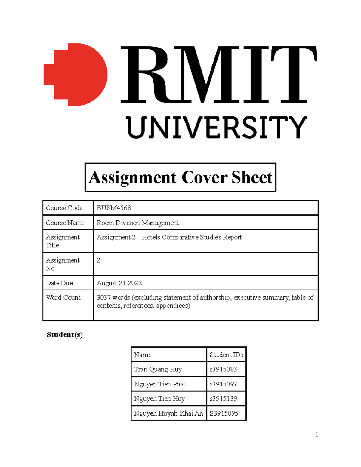 ASM 2 - Hotels Comparative Studies Report - Assignment Cover Sheet ...