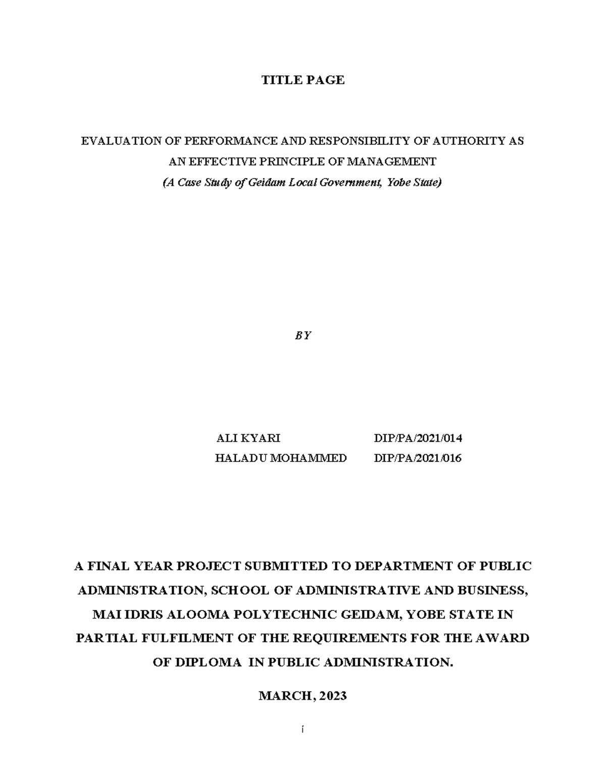 Evaluation of Performance and Responsibilities - TITLE PAGE EVALUATION ...