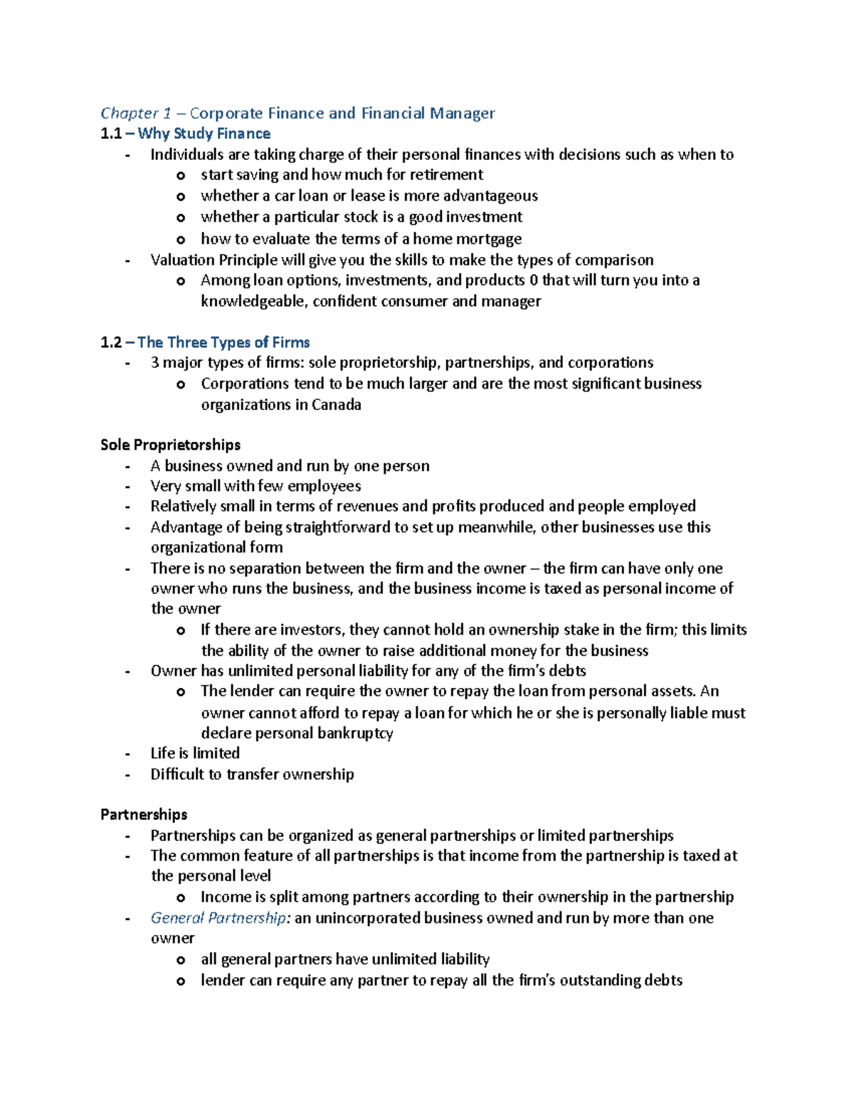 CFIN300 Notes - Chapter 1 – Corporate Finance and Financial Manager 1 ...