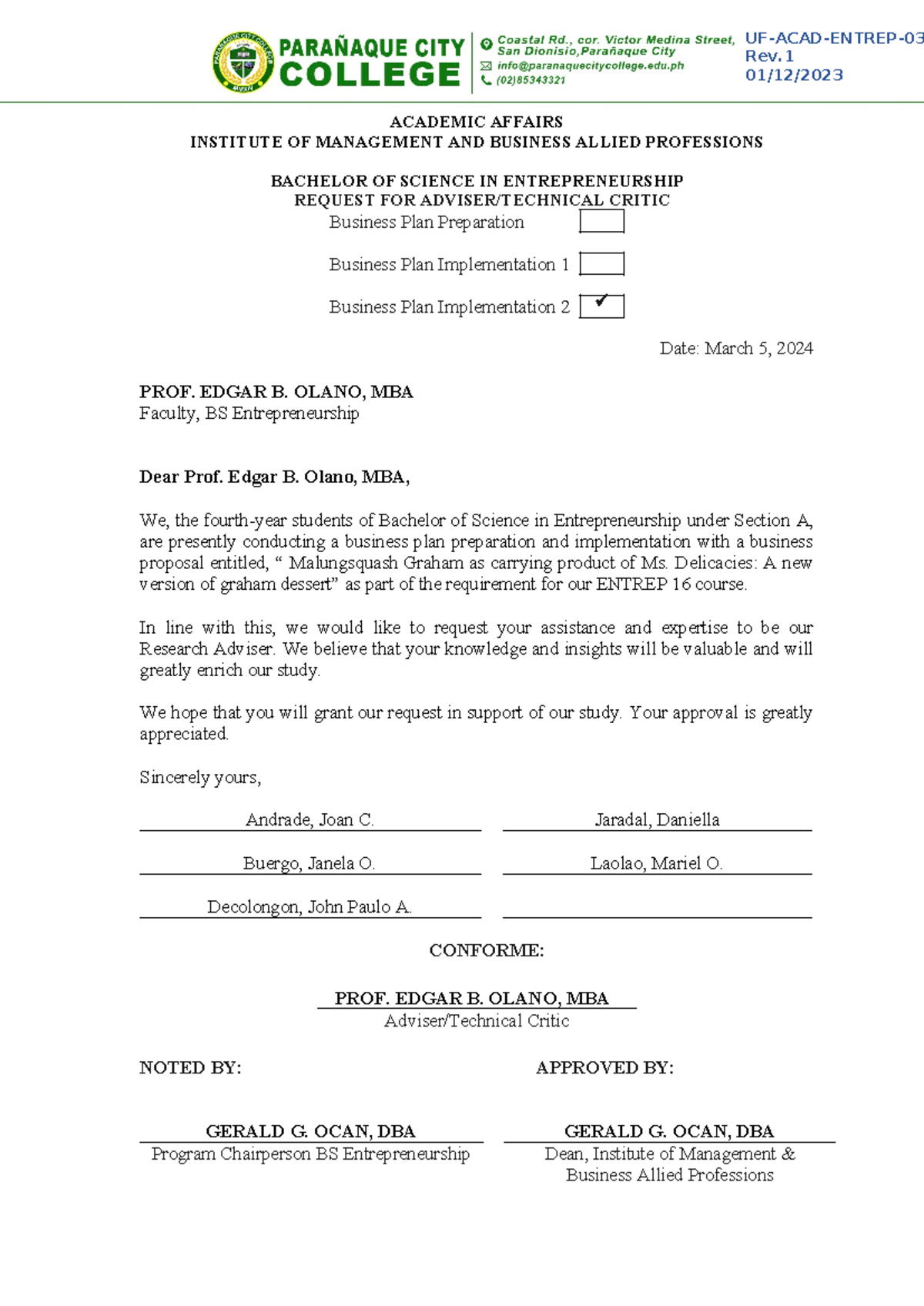 Request for Adviser Technical Critic - UF-ACAD-ENTREP- Rev. 01/12 ...