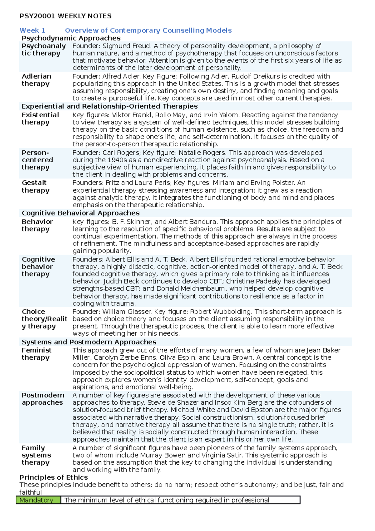 PSY20001 Week 1-6 notes - PSY20001 WEEKLY NOTES Week 1 Overview of ...