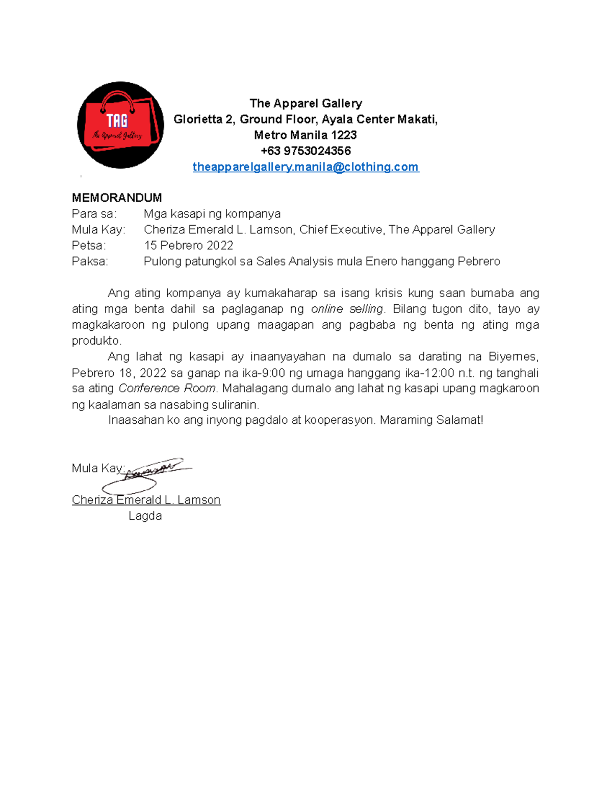 Memorandum- Ikaapat na Grupo - The Apparel Gallery Glorietta 2, Ground ...