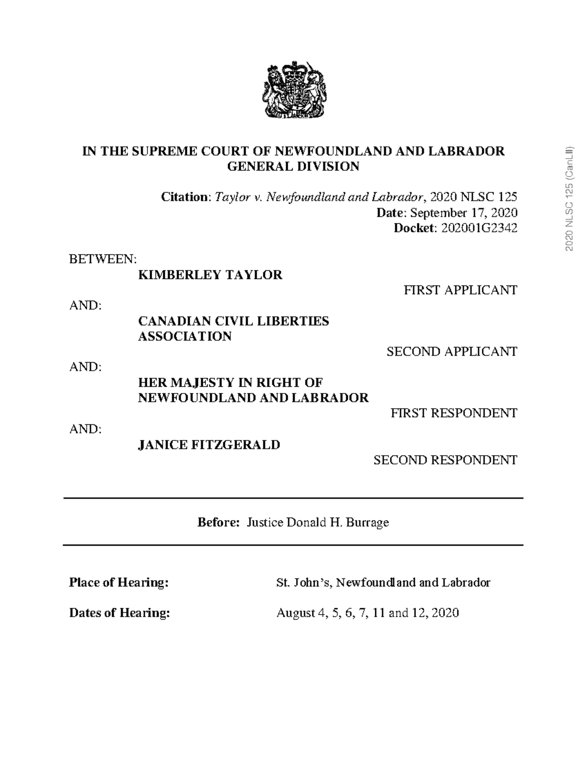 Taylor v newfoundland - case - IN THE SUPREME COURT OF NEWFOUNDLAND AND ...
