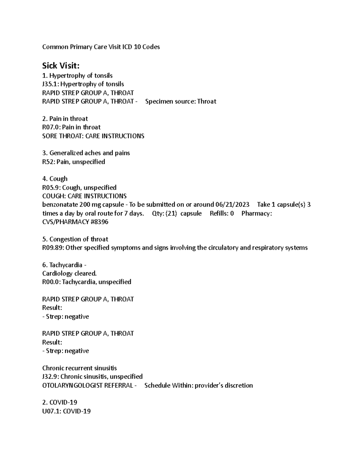 Common Primary Care Visit ICD 10 Codes - Qty: (21) capsule Refills: 0 ...