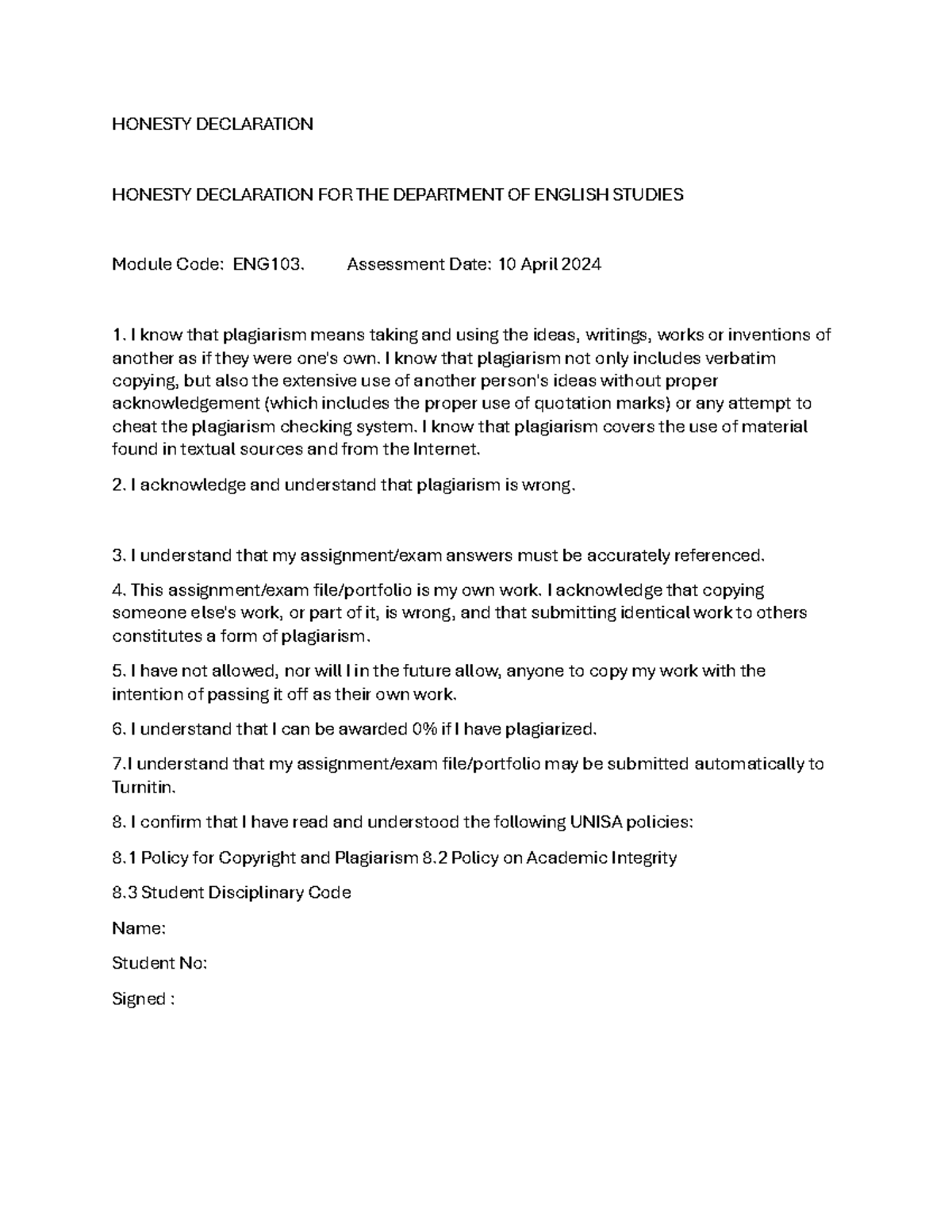 ENG1503 assignment 2 - Practice - HONESTY DECLARATION HONESTY ...