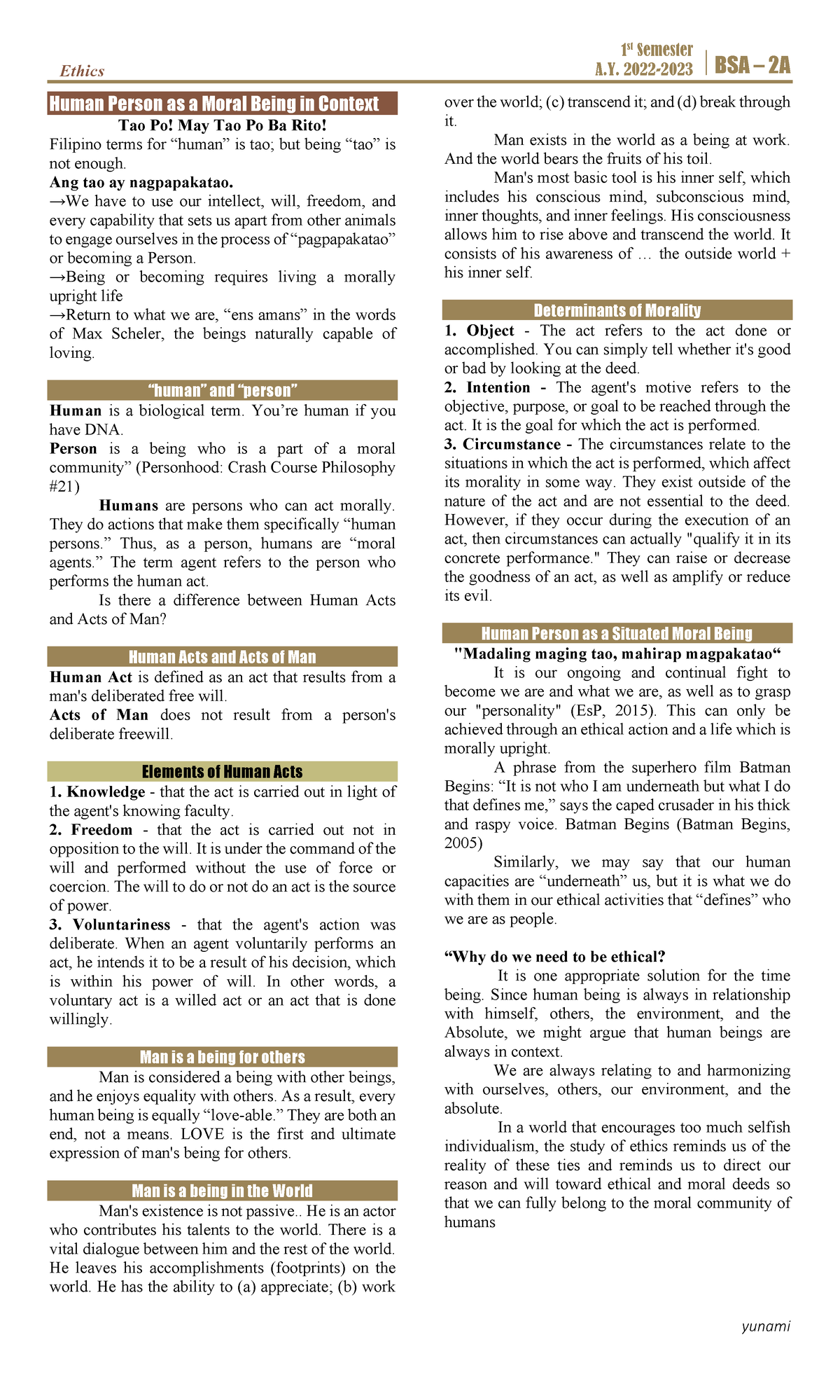 Human Person as Moral Being in context - BSA – 2A yunami 1st Semester ...