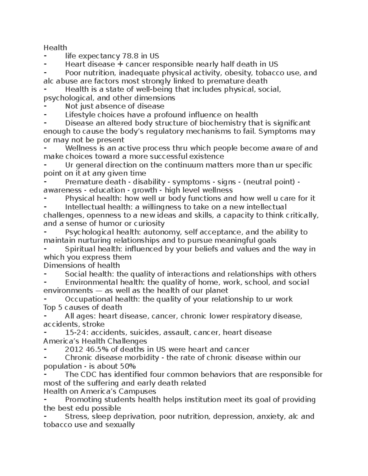 Health lecture week 1 - Health life expectancy 78 in US Heart disease ...