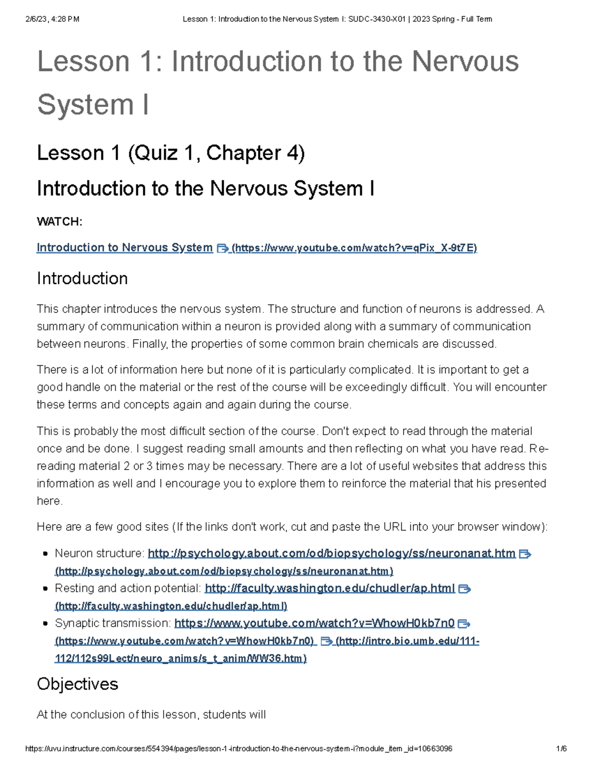 Lesson 1 Introduction to the Nervous System I SUDC-3430-X01 2023 Spring ...