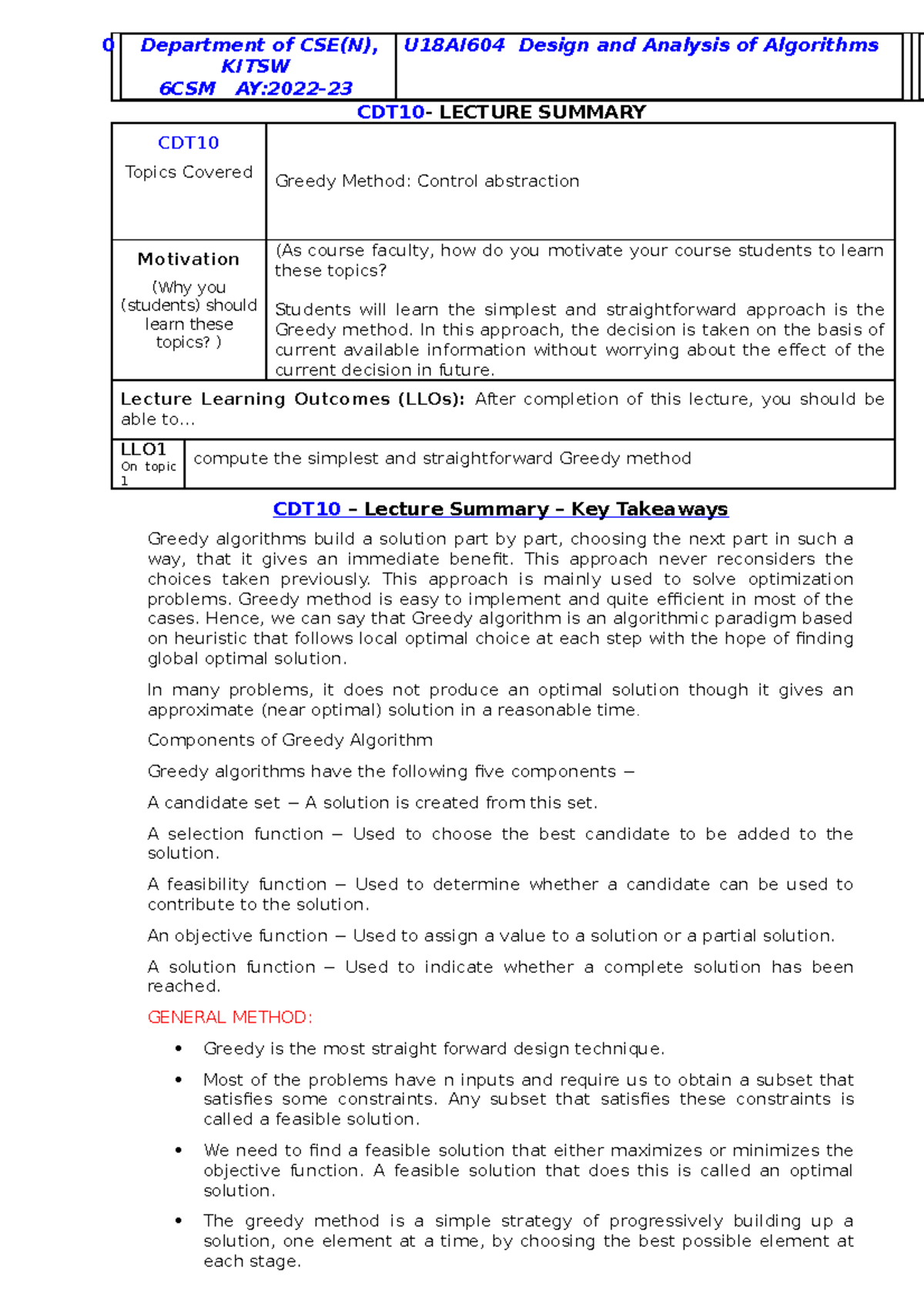 Greedy Method And Its Control Abstraction With Space And Time Complexity 0 Department Of Csen