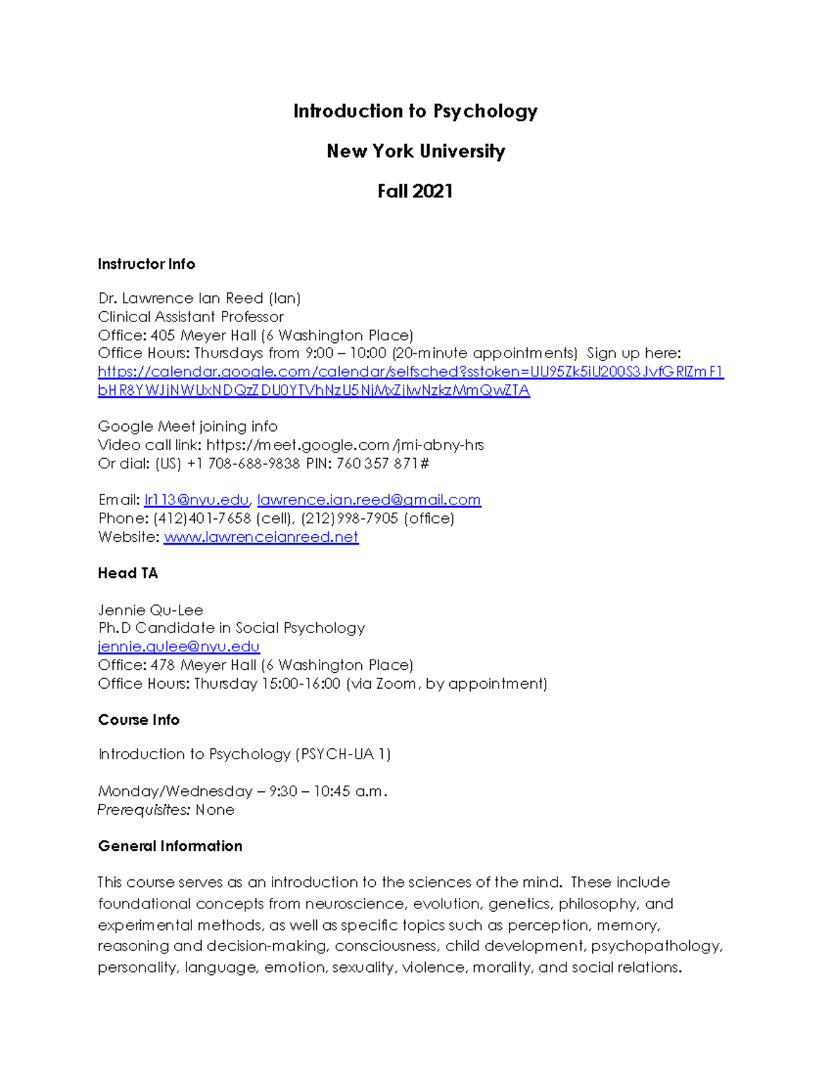 NEW Syllabus - Introduction to Psychology - Introduction to Psychology ...