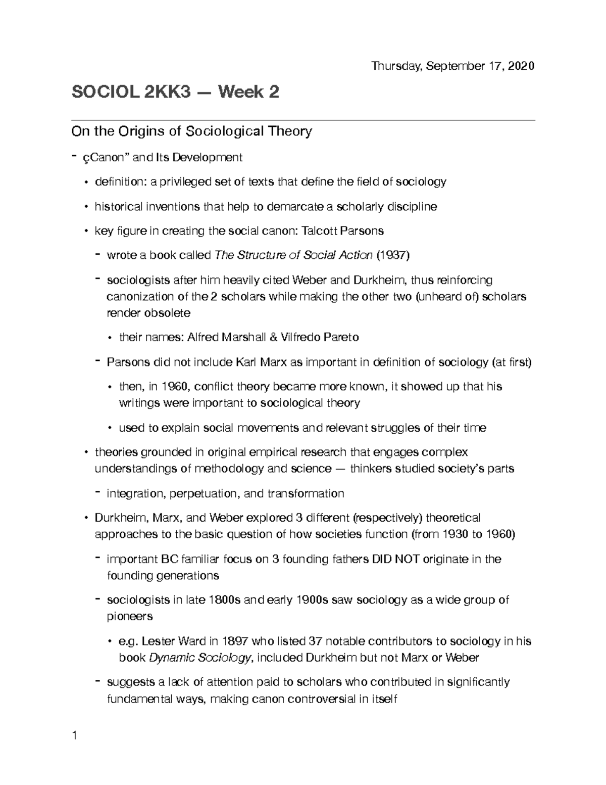 Sociol 2KK3 Week 2 studocu - SOCIOL 2KK3 — Week 2 On the Origins of ...