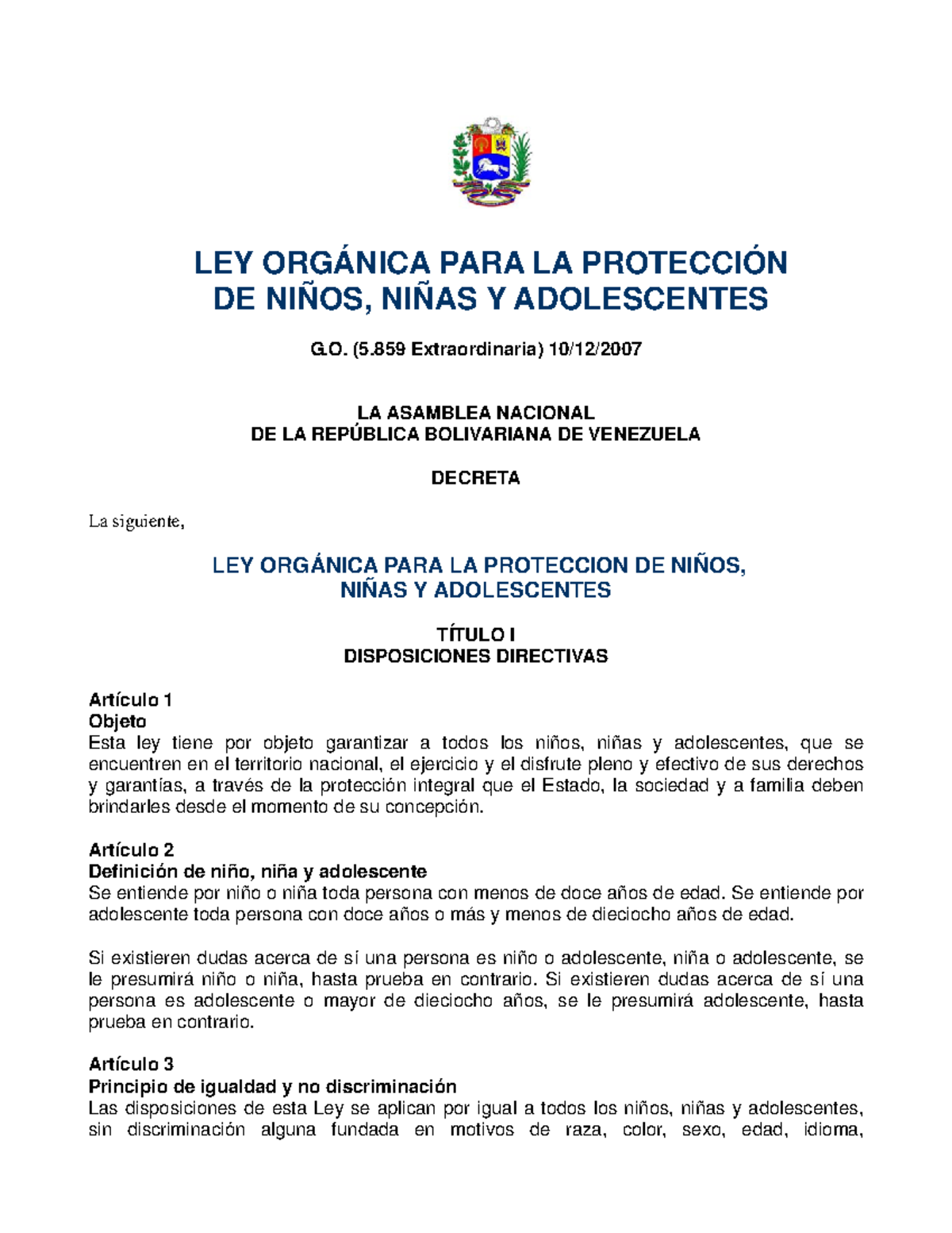 Lopna - LEY ORGÁNICA PARA LA PROTECCIÓN DE NIÑOS, NIÑAS Y ADOLESCENTES ...