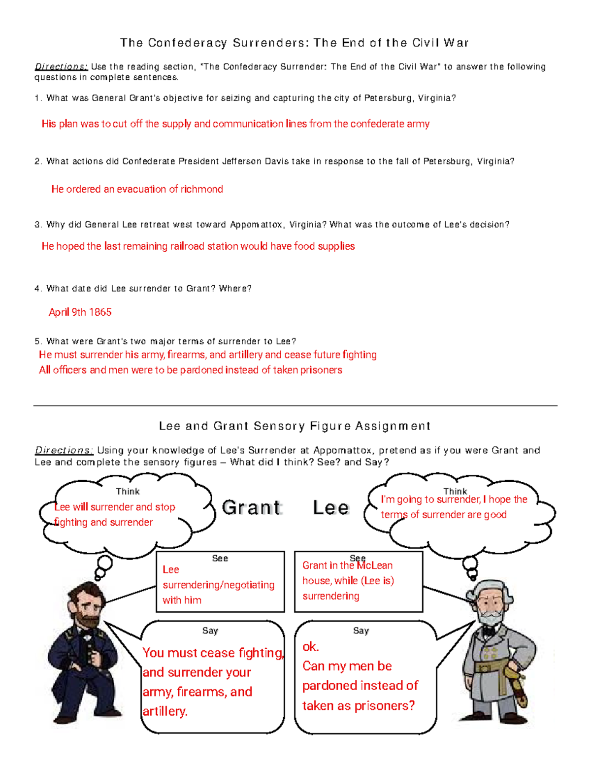 The Confederacy Surrenders Worksheet - The Confederacy Surrenders: The ...