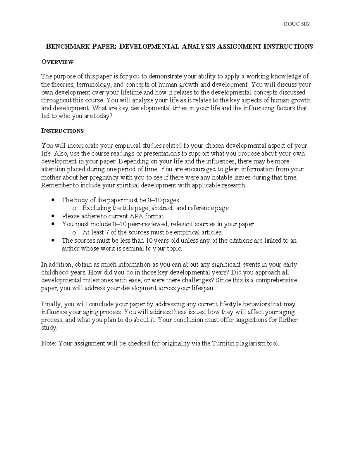 Benchmark Paper Developmental Analysis Assignment Instructions - COUC ...