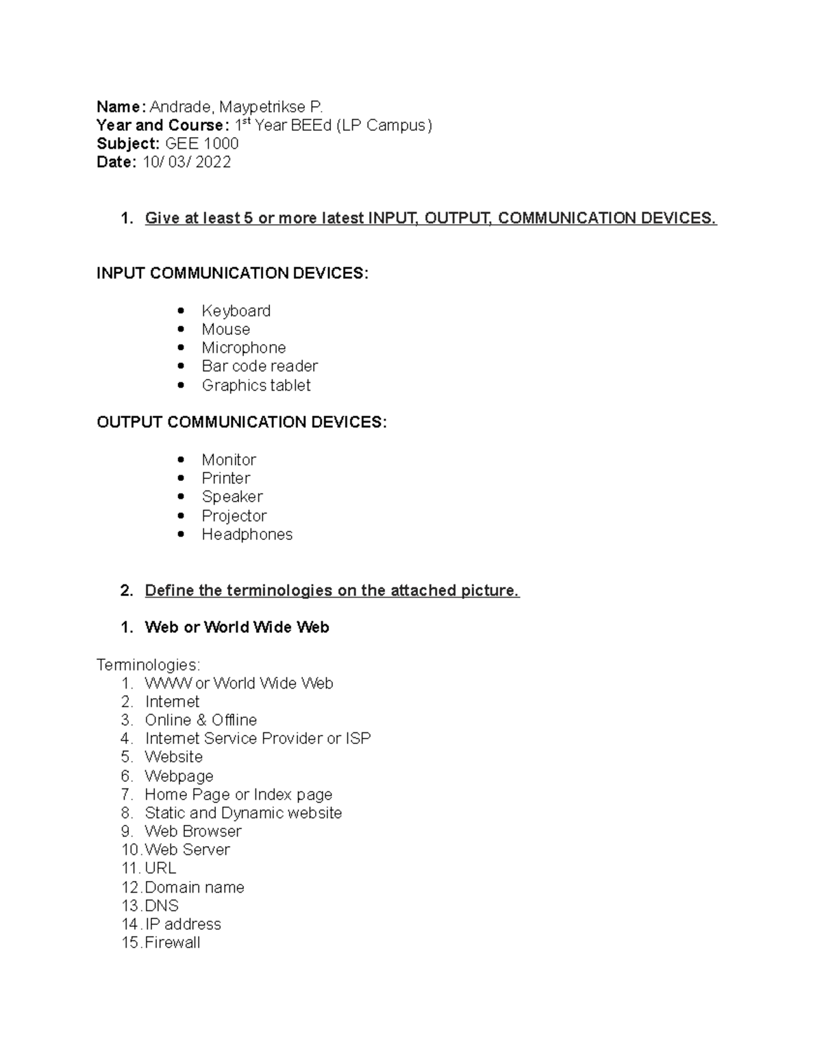 Latest Input, Output, Communication Devices - Name: Andrade ...
