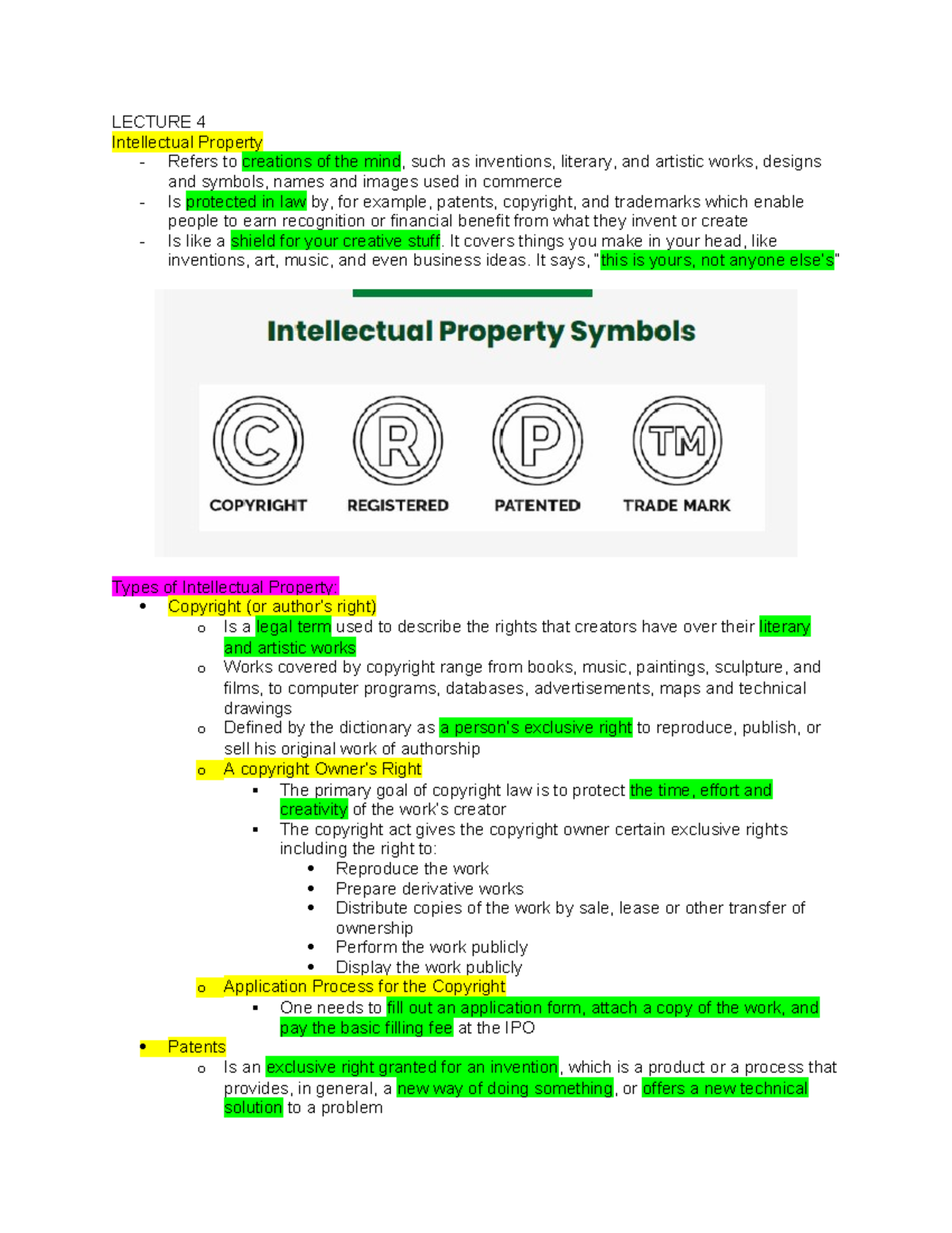 MA2 Reviewer - LECTURE 4 Intellectual Property - Refers to creations of ...