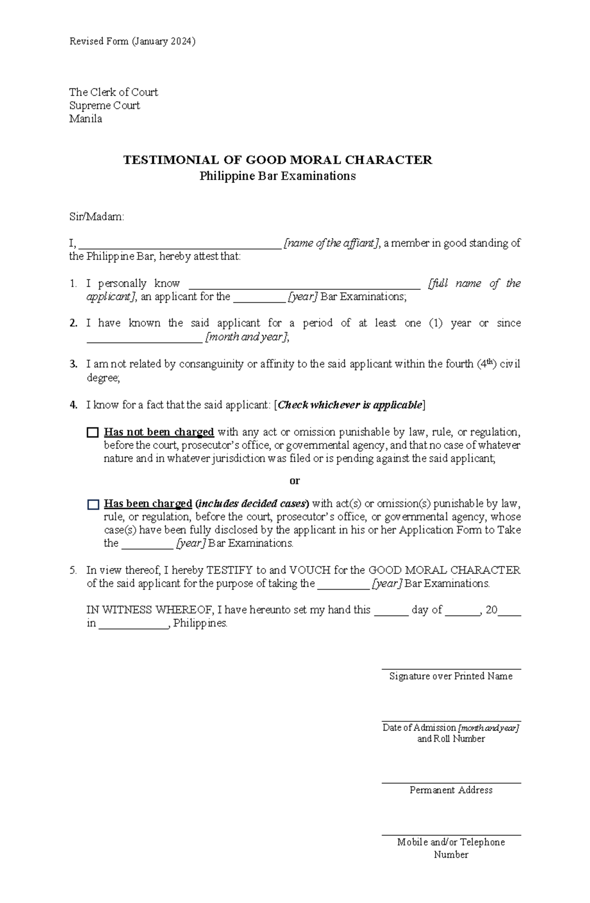 Testimonial of Good Moral Character - Revised Form (January 2024) The ...