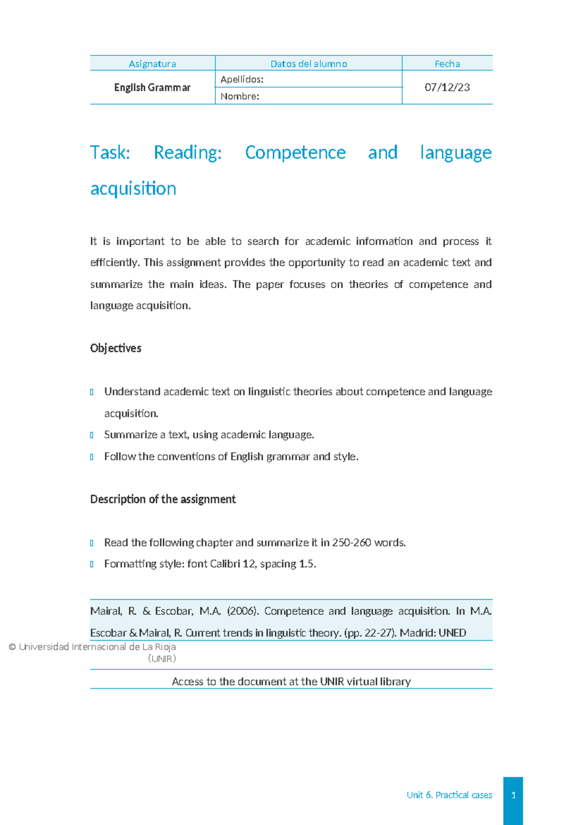 Task 3 - Reading Competence and language acquisition - © Universidad Internacional de La Rioja ...