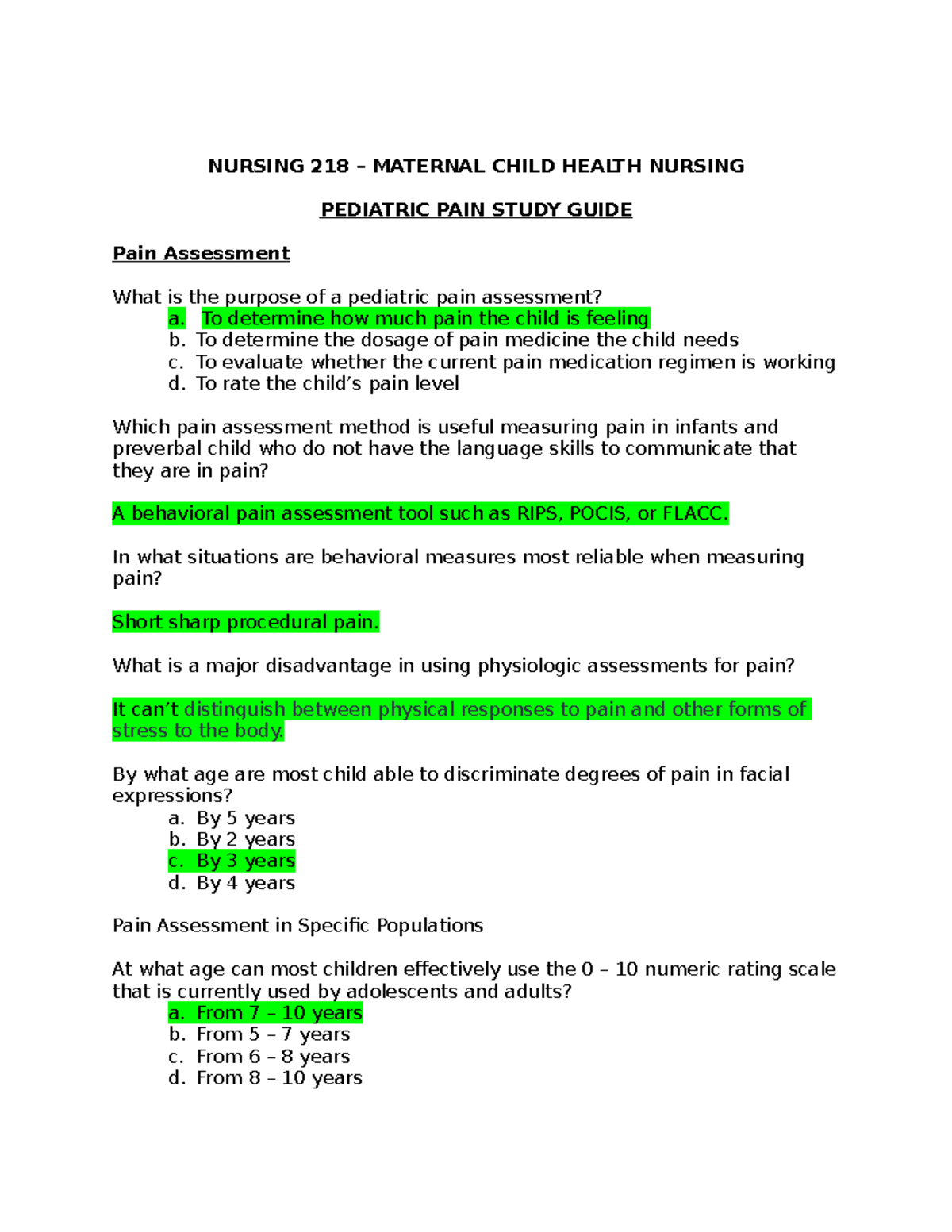 Pain Study Guide TTC - NURSING 218 – MATERNAL CHILD HEALTH NURSING ...