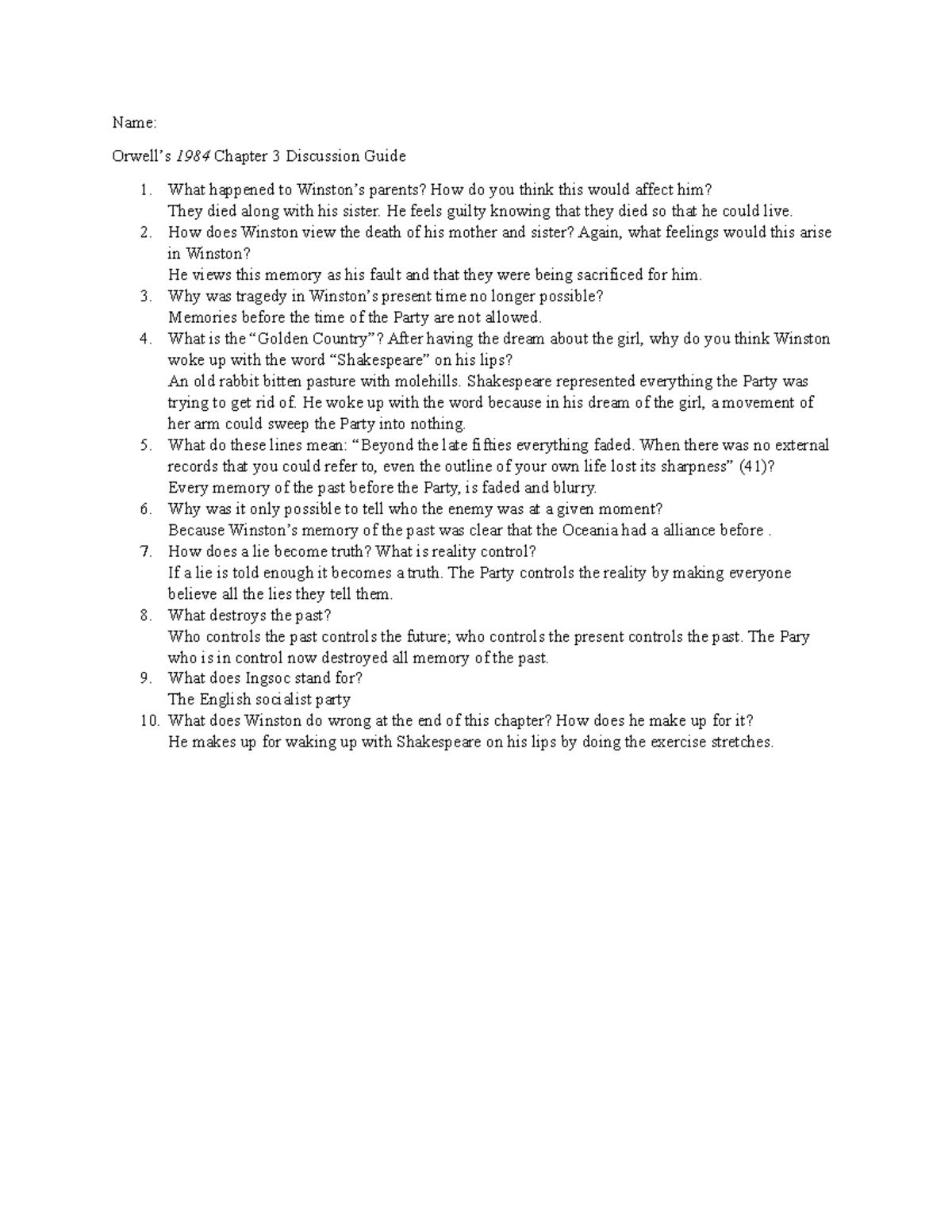 1984 chapter 3 - assignment - Name: Orwell’s 1984 Chapter 3 Discussion ...