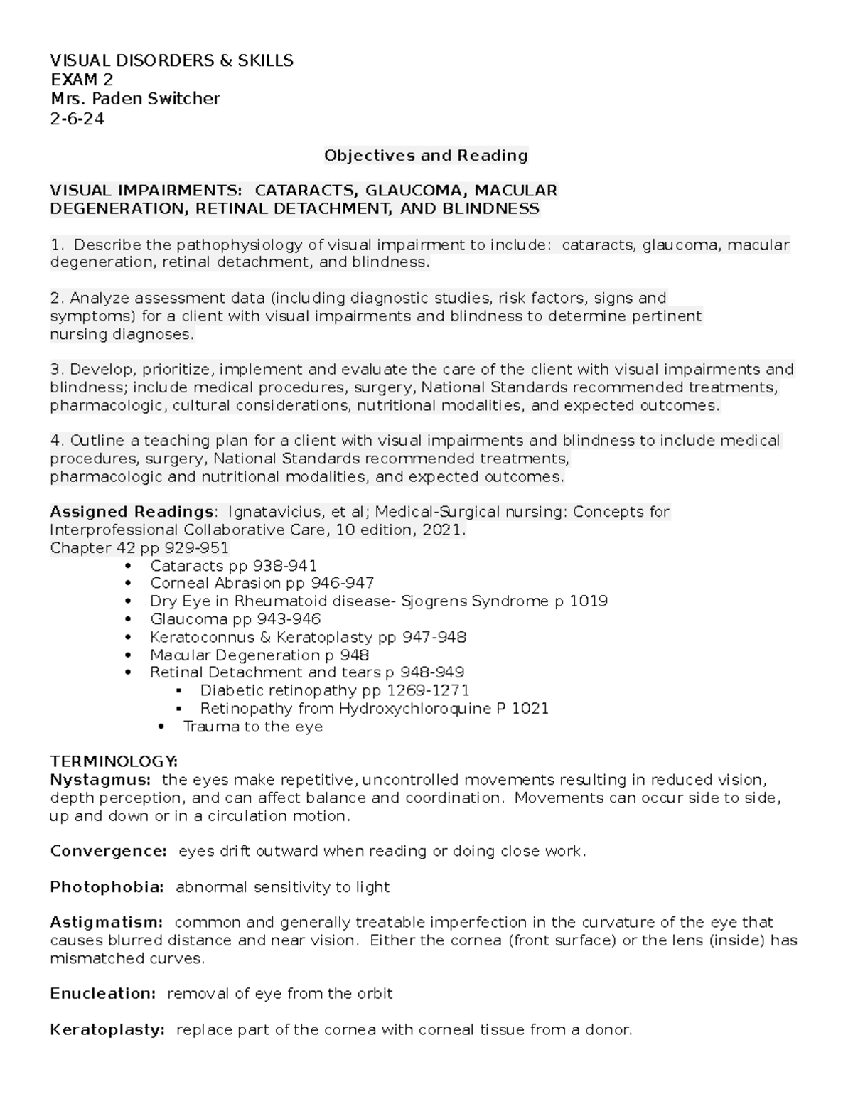 Visual Disorders - Notes from class. - VISUAL DISORDERS & SKILLS EXAM 2 ...