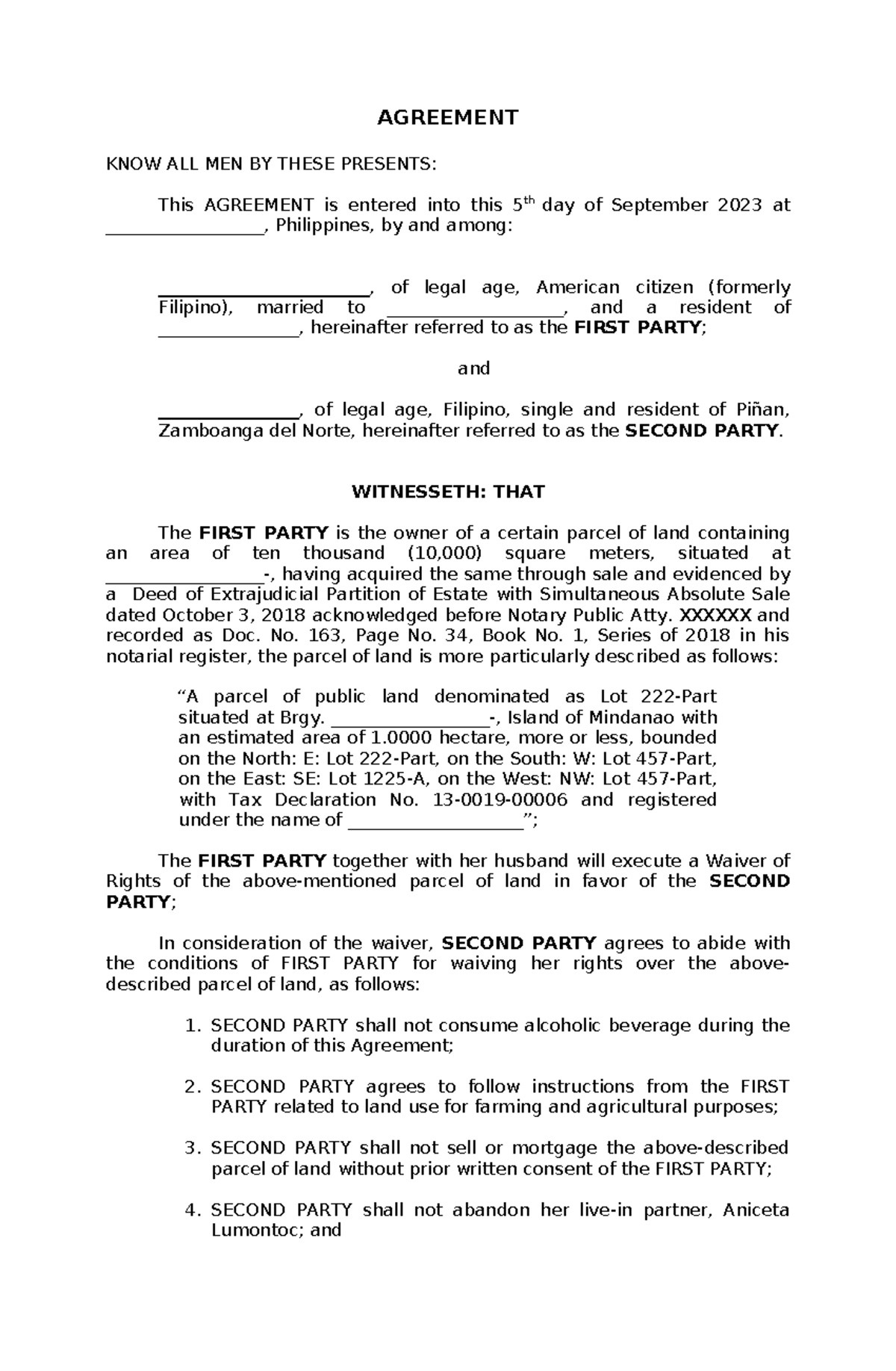 Agreement - AGREEMENT KNOW ALL MEN BY THESE PRESENTS: This AGREEMENT is ...