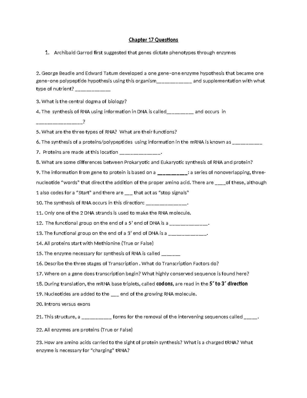 Chapter 17 Questions 2023 - Chapter 17 Questions Archibald Garrod first ...