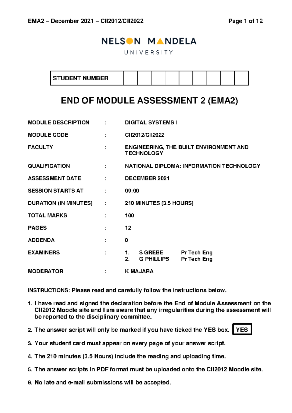 Digital System EMA2 December 2021 - STUDENT NUMBER END OF MODULE ...