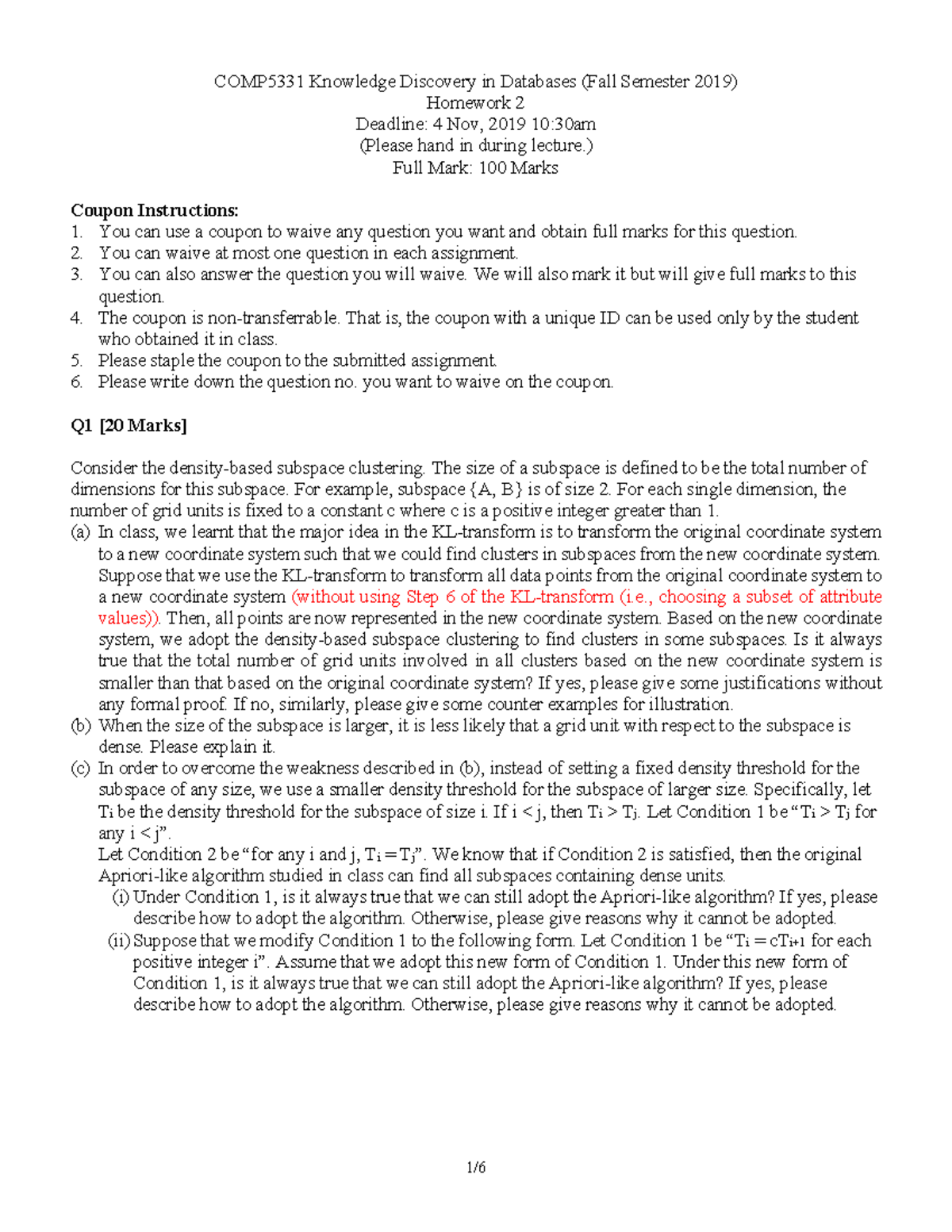 Hw2 - COMP5331 Knowledge Discovery in Databases (Fall Semester 2019) Homework 2 - Studocu