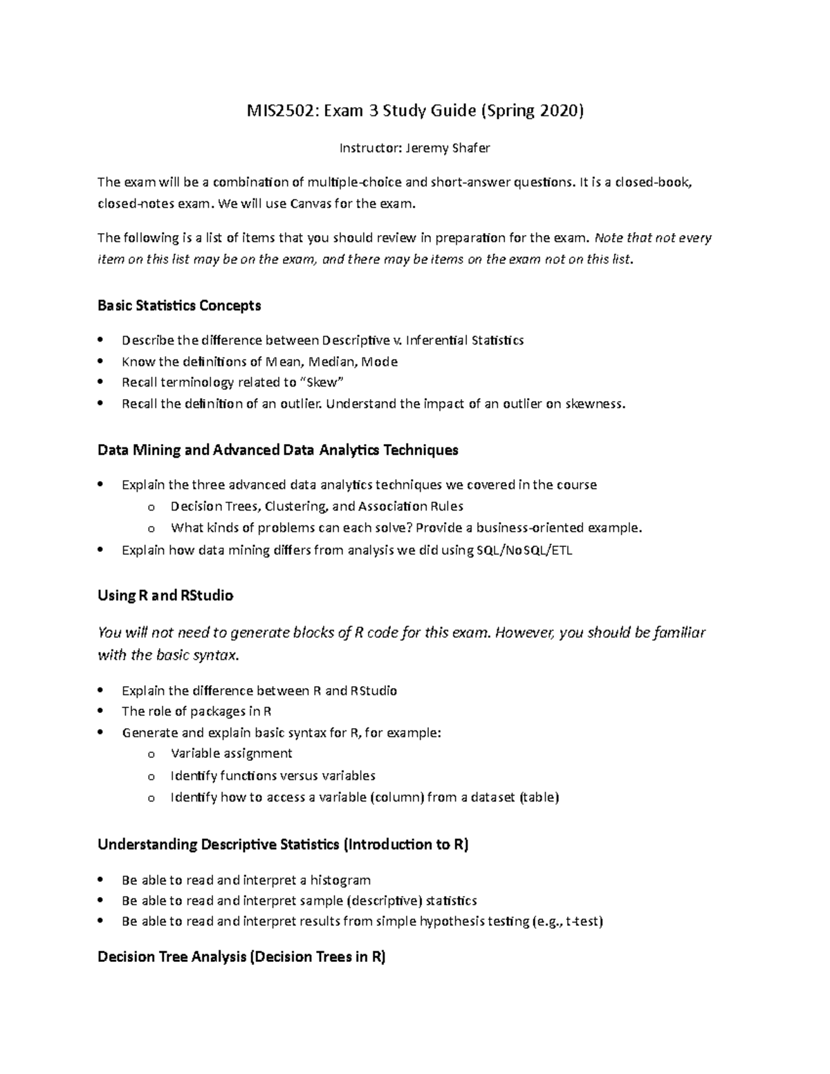 MIS2502 Exam 3 Study Guide - MIS2502: Exam 3 Study Guide (Spring 2020 ...