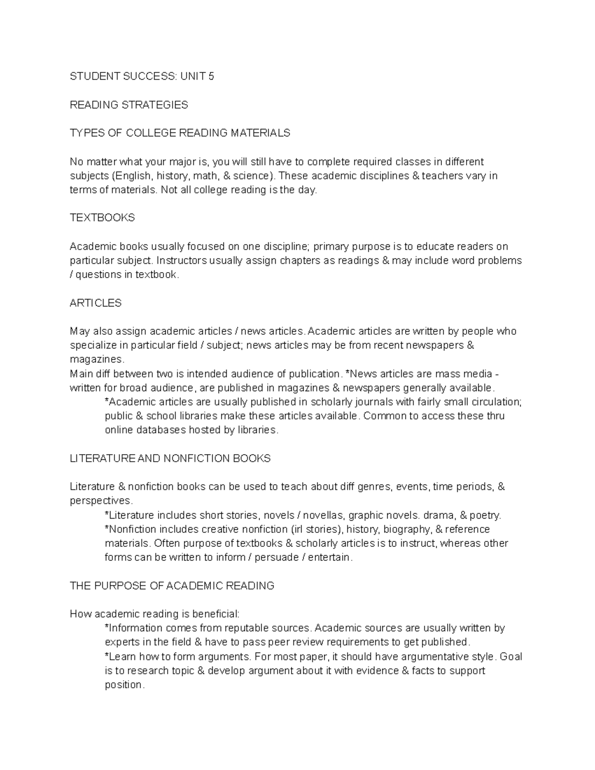 Student Success UNIT 5 - STUDENT SUCCESS: UNIT 5 READING STRATEGIES ...