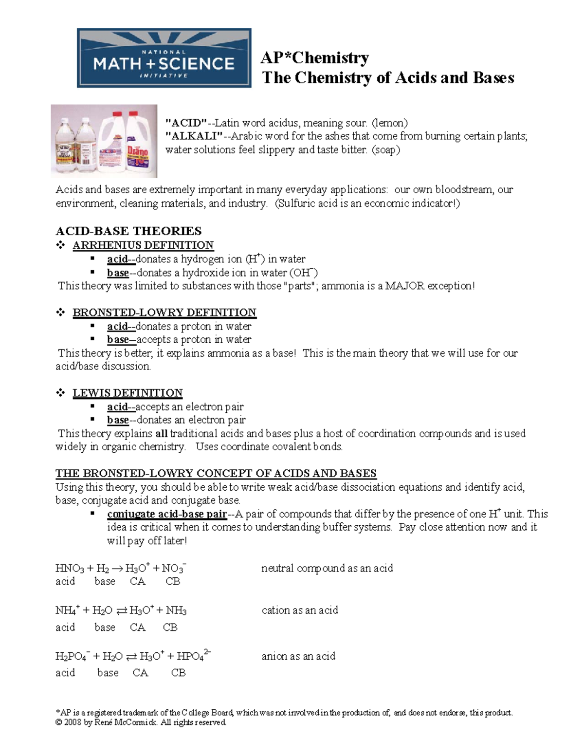 Acid and Base Cheat Sheet + Worksheet - AP*Chemistry The Chemistry of Acids and Bases *AP is a ...