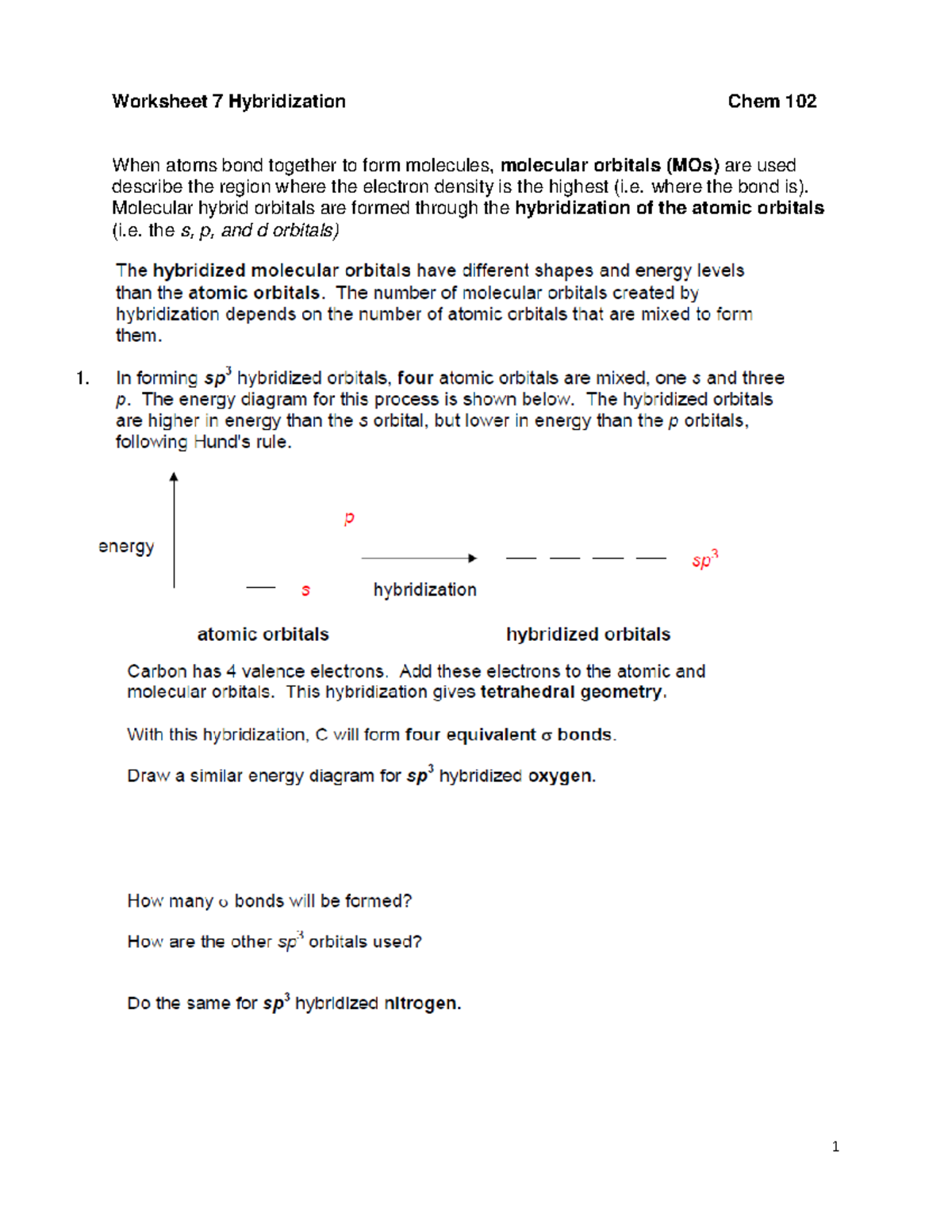 Worksheet 7 Hybridization - Worksheet 7 Hybridization Chem 102 When ...