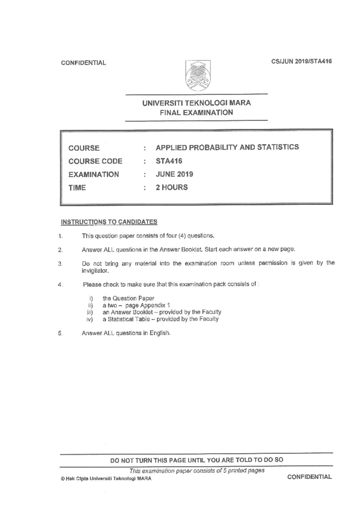 June 2019 FINAL PAPER OF STA416 UITM SHAH ALAM SELANGOR YEAR 2019 PAST ...