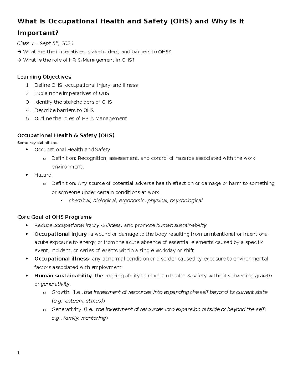 Mana 445 Notes - What is Occupational Health and Safety (OHS) and Why ...