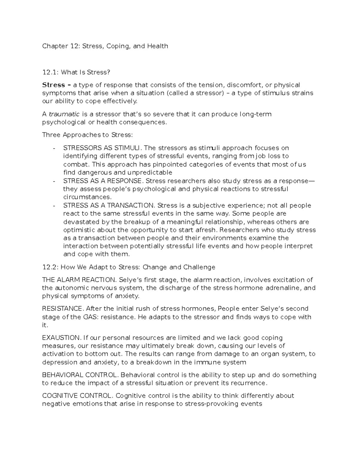Psych text notes - Chapter 12: Stress, Coping, and Health 12: What Is ...
