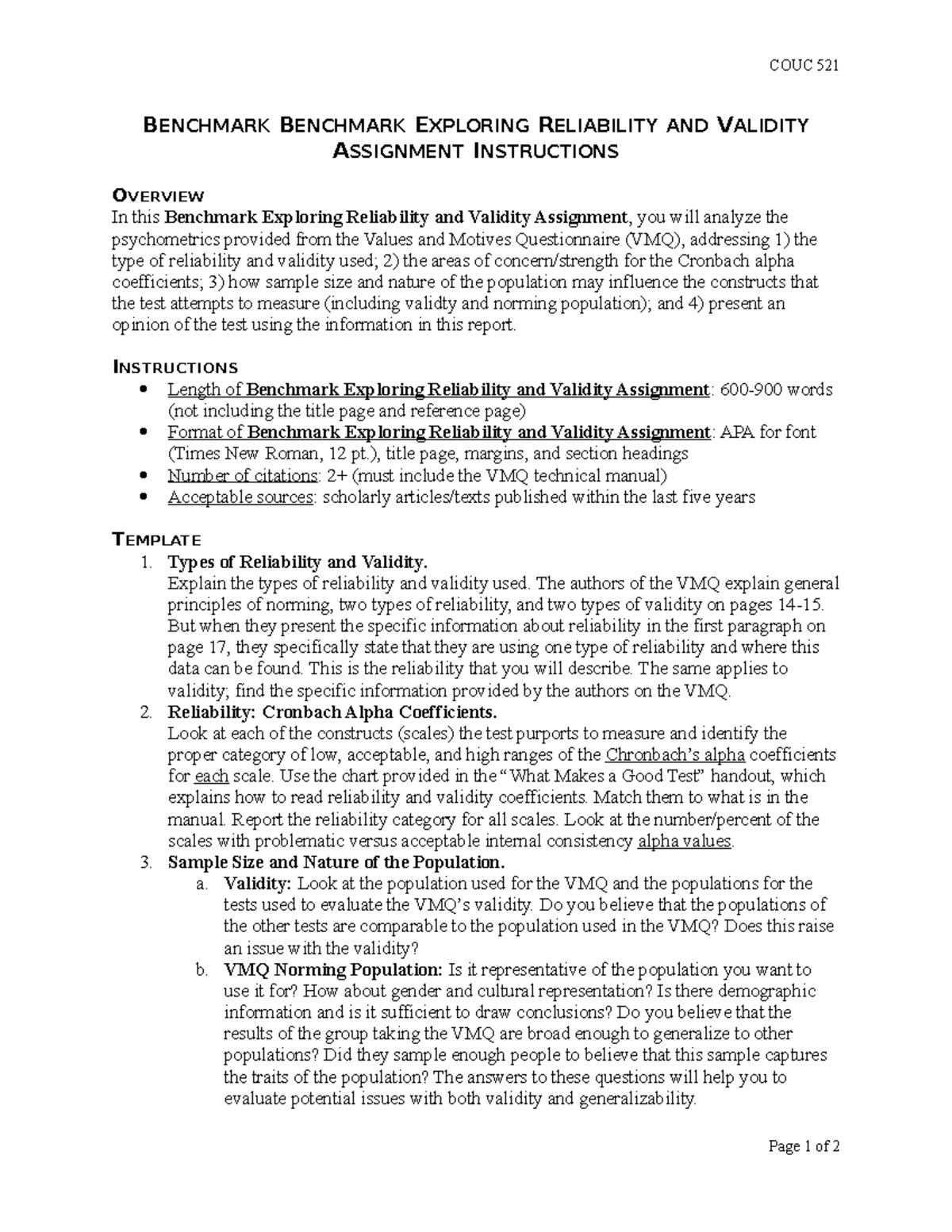 Benchmark Exploring Reliability and Validity Assignment - INSTRUCTIONS ...
