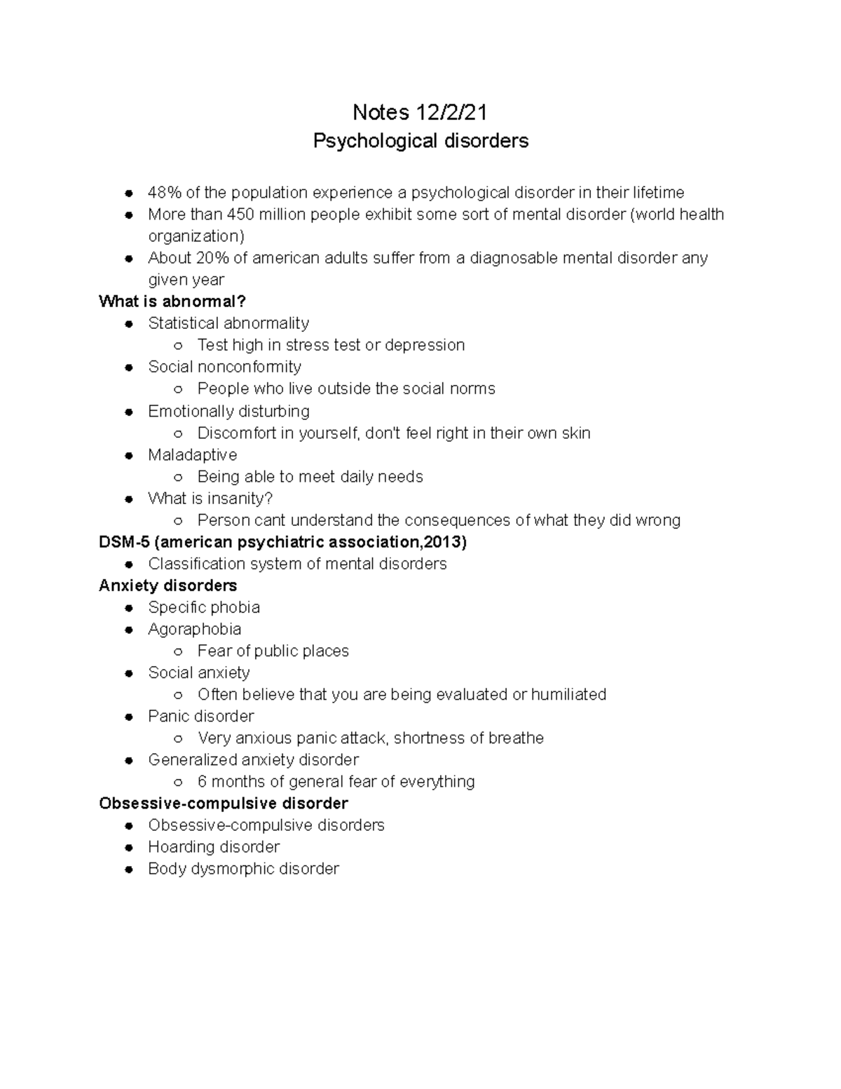 Notes 12 2 21 - Psychological disorders - Notes 12/2/ Psychological ...