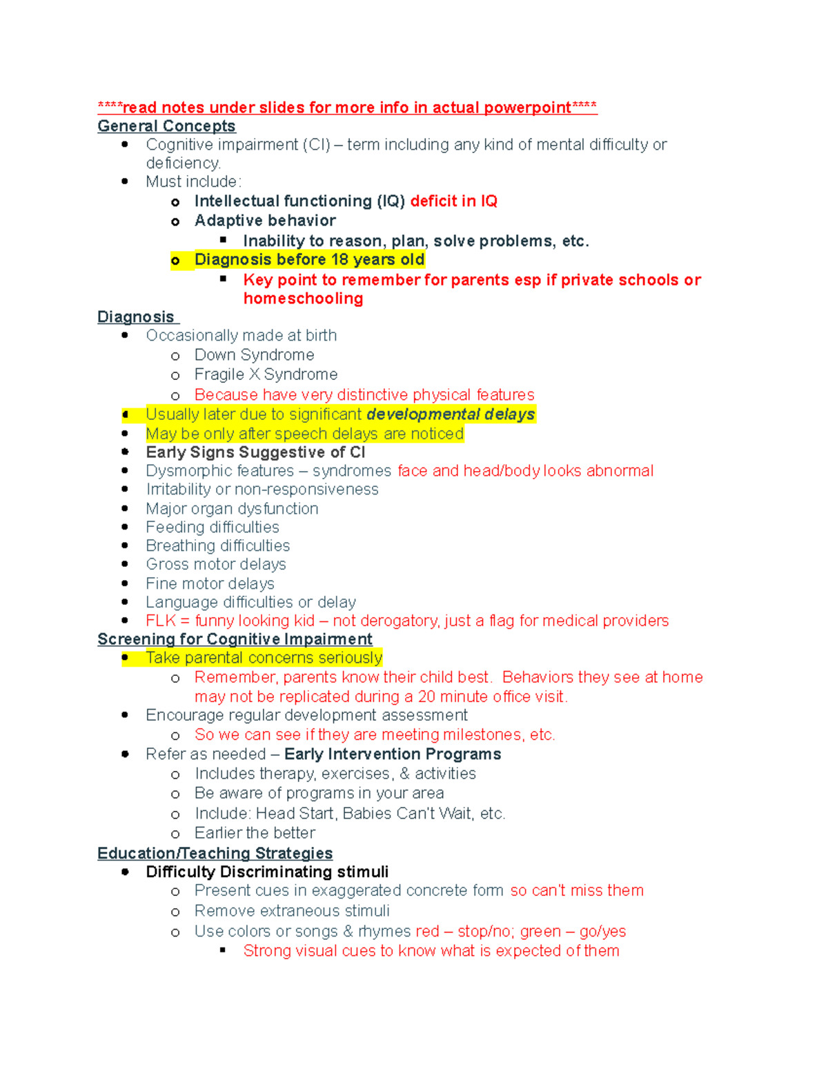 Cognitive:sensory outline notes - read notes under slides for more info ...
