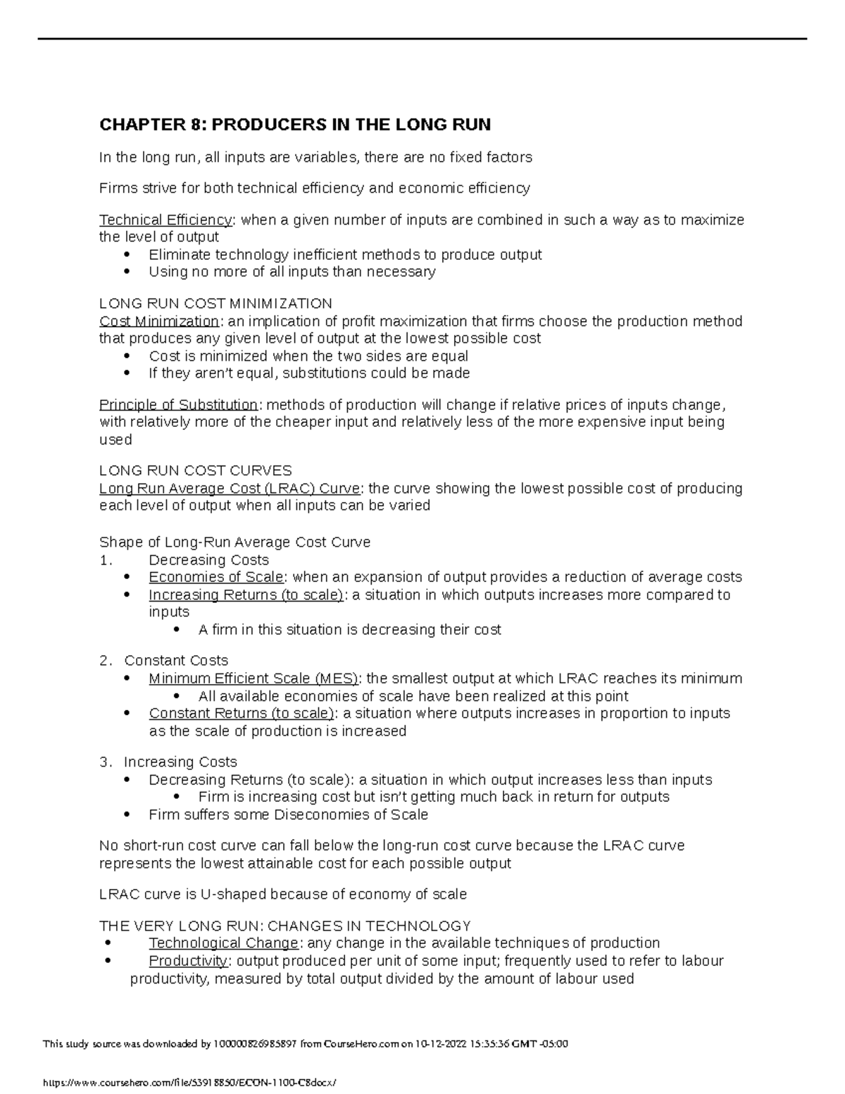 ECON 1100 C8 - Notes - CHAPTER 8: PRODUCERS IN THE LONG RUN In the long ...