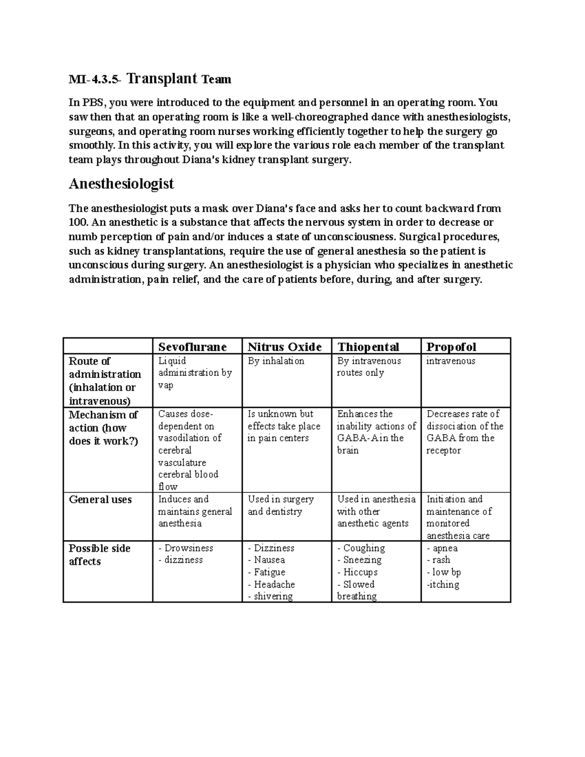 MI- Transplant Team worksheet - MI-4.3- Transplant Team In PBS, you ...