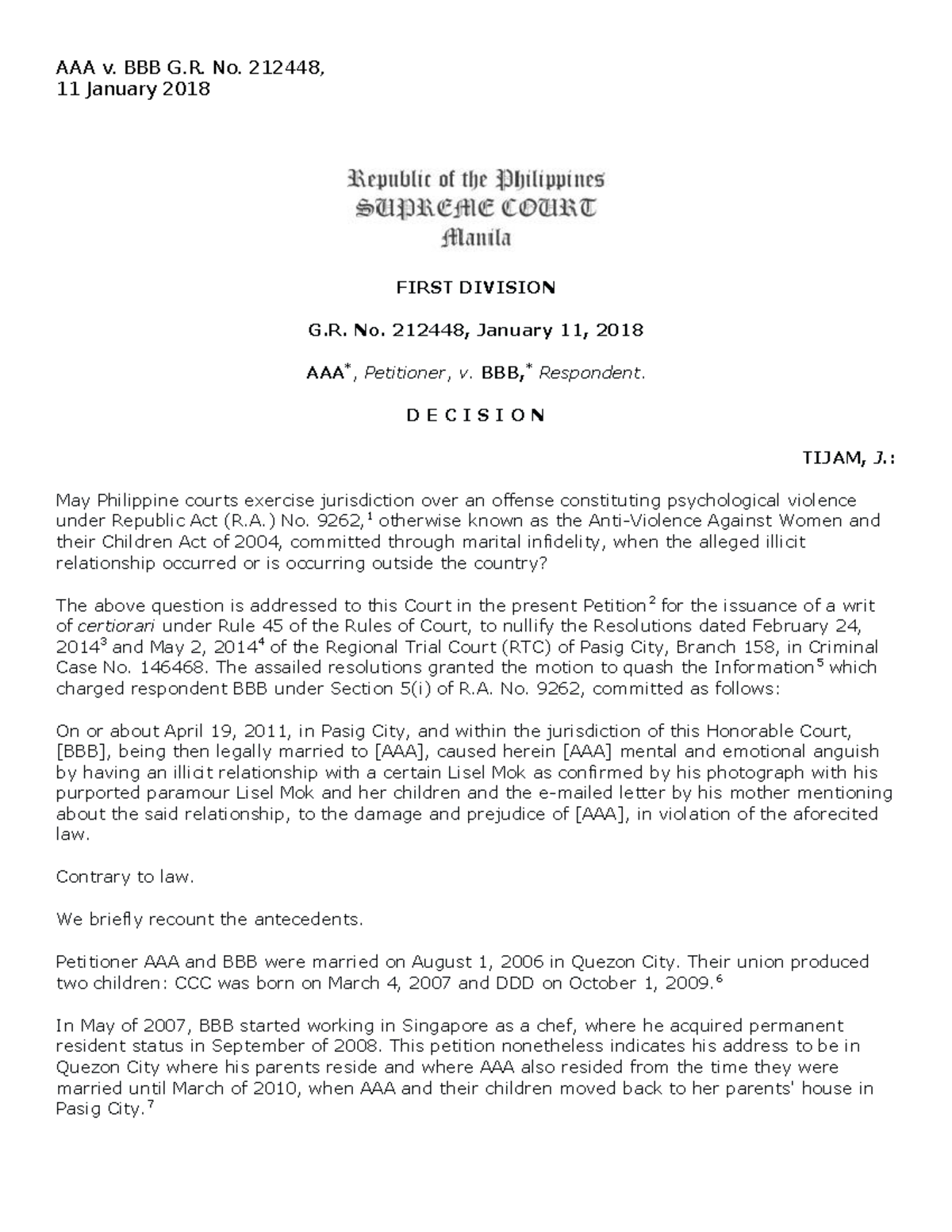 4B. AAA v. BBB G.R. No. 212448 - AAA v. BBB G. No. 212448, 11 January ...