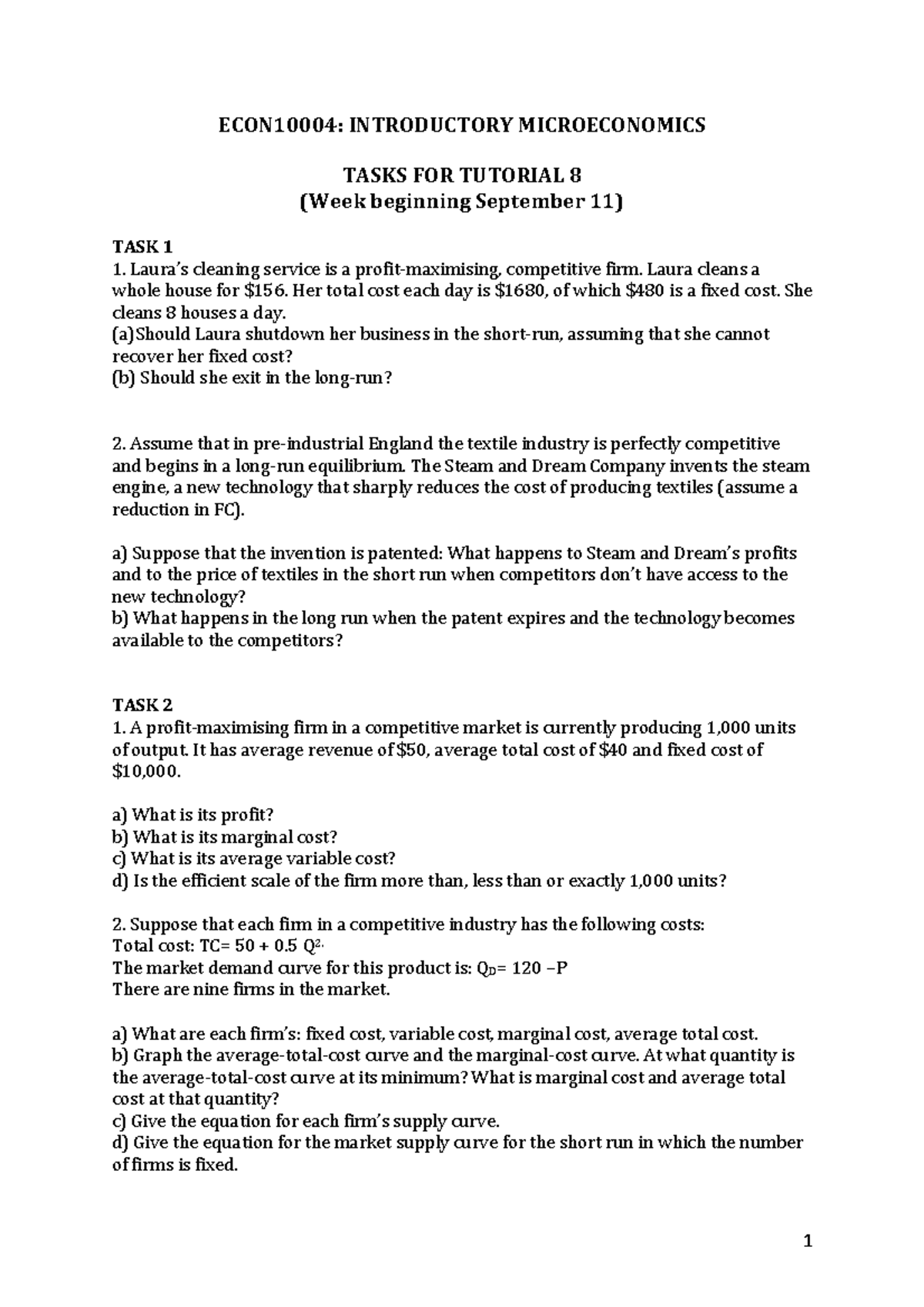 Week 8 In-Tutorial Tasks - 1 ECON10004: INTRODUCTORY MICROECONOMICS TASKS FOR TUTORIAL 8 (Week ...