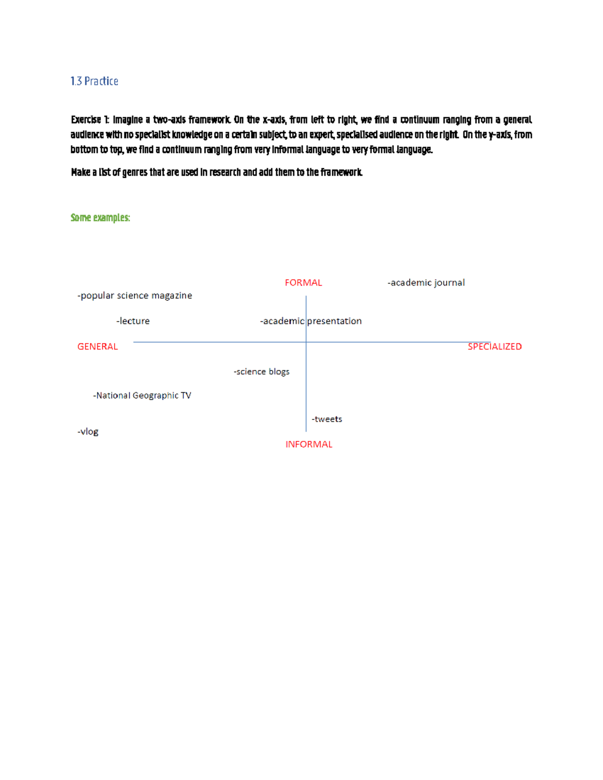 KEY Section 1 - 1 Practice Exercise 1: Imagine a two-axis framework. On ...