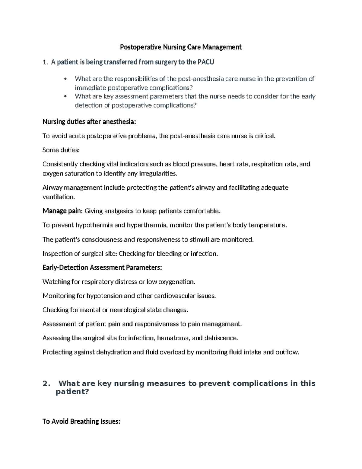 Post operative care managment - Postoperative Nursing Care Management 1 ...