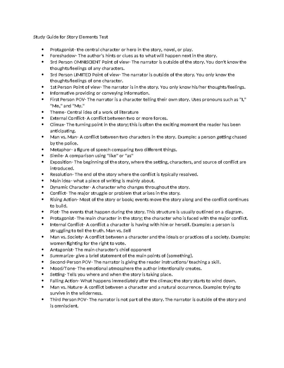 Study Guide for Story Elements Test - Foreshadow- The author's hints or ...