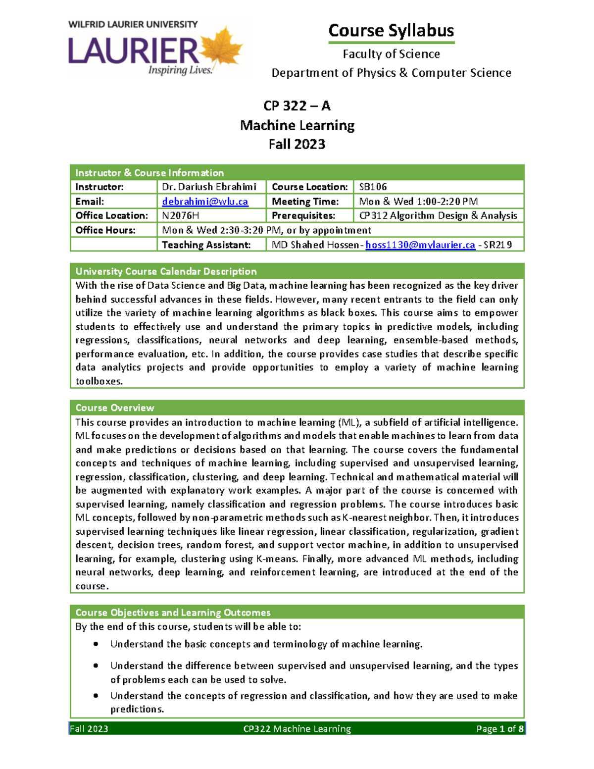 CP322 Machine Learning - Faculty of Science Department of Physics & Computer Science CP 322 – A ...